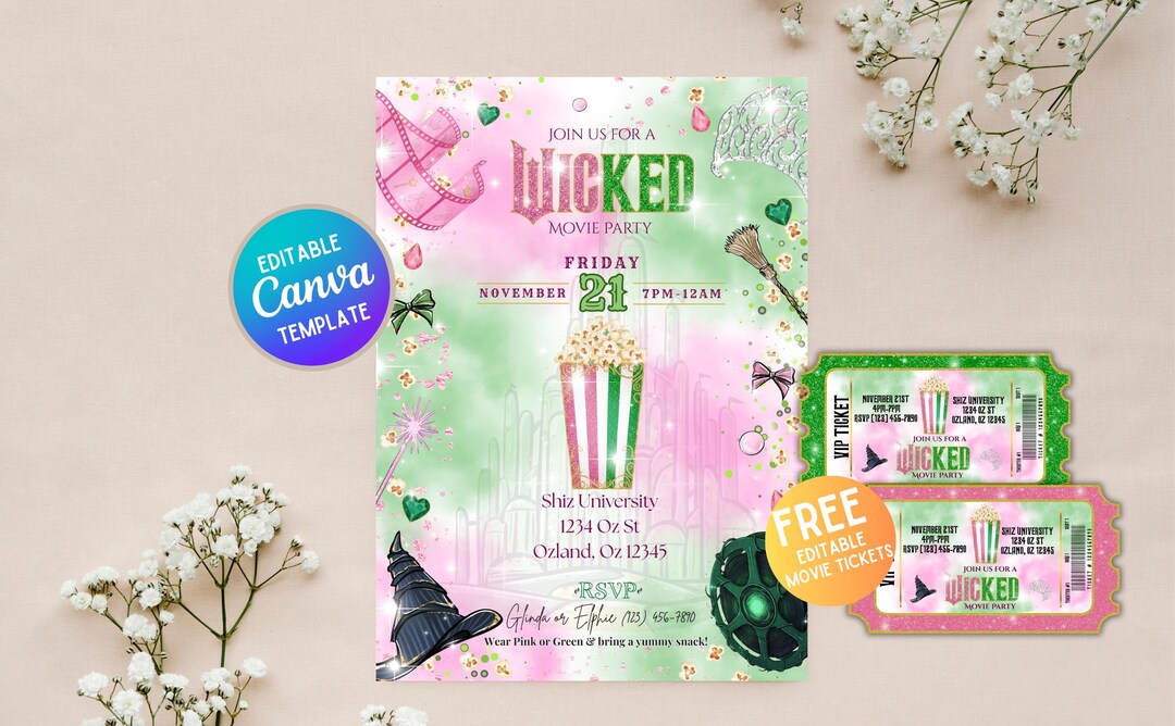 Wicked Birthday Invitation, Wicked Movie Party, Editable Canva Template ...