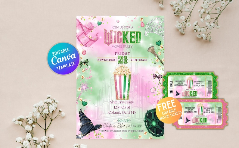 Wicked Birthday Invitation, Wicked Movie Party, Editable Canva Template ...