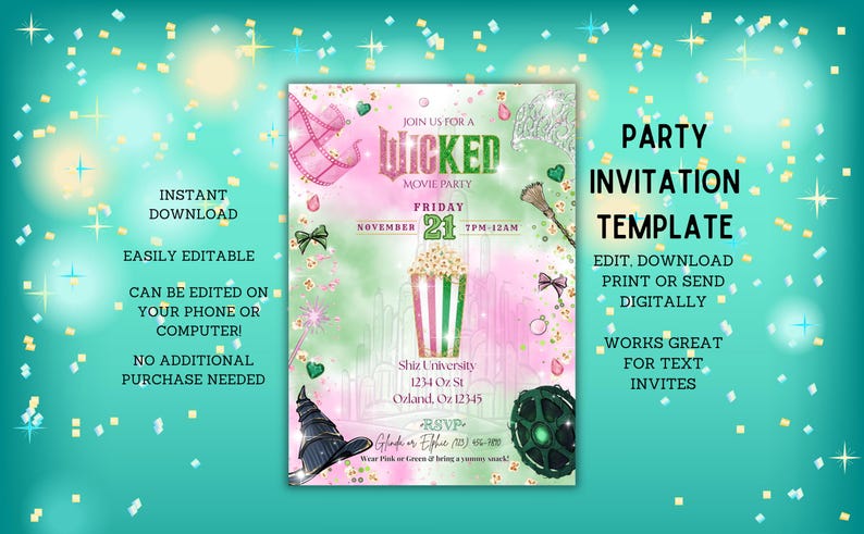 Wicked Birthday Invitation, Wicked Movie Party, Editable Canva Template ...
