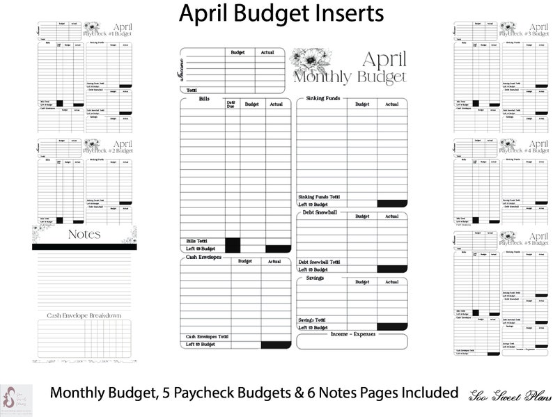 April Budget Bundle Printable Insert-sunday Start-black and White ...