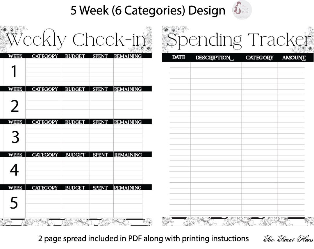 5 Week Weekly Check-in Black & White for Cash Envelopes (letter Sized ...