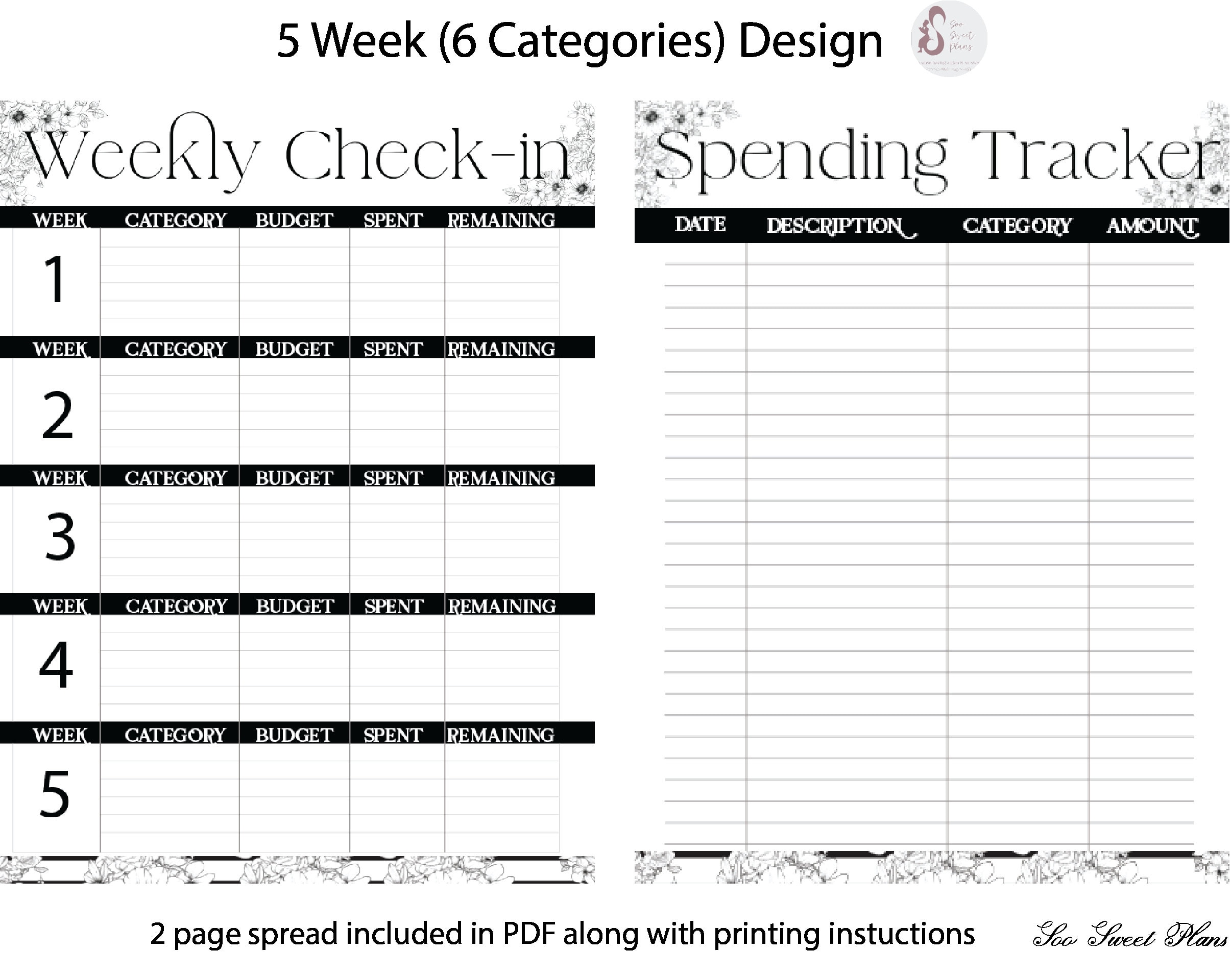 5 Week Weekly Check-in Black & White for Cash Envelopes (letter Sized ...