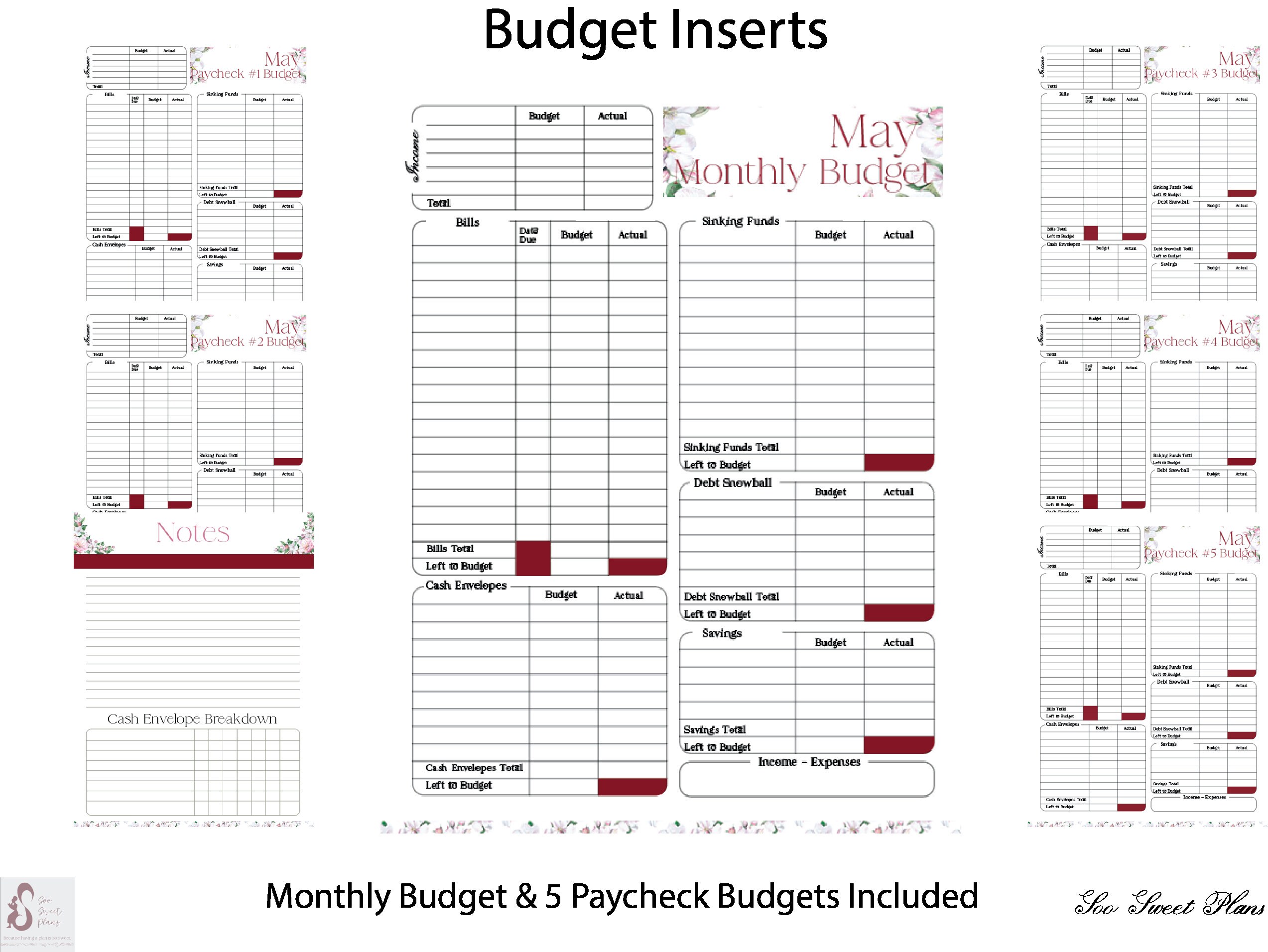 May Budget Bundle Printable Insert-sunday Start-apple Blossom-4 Weeks ...