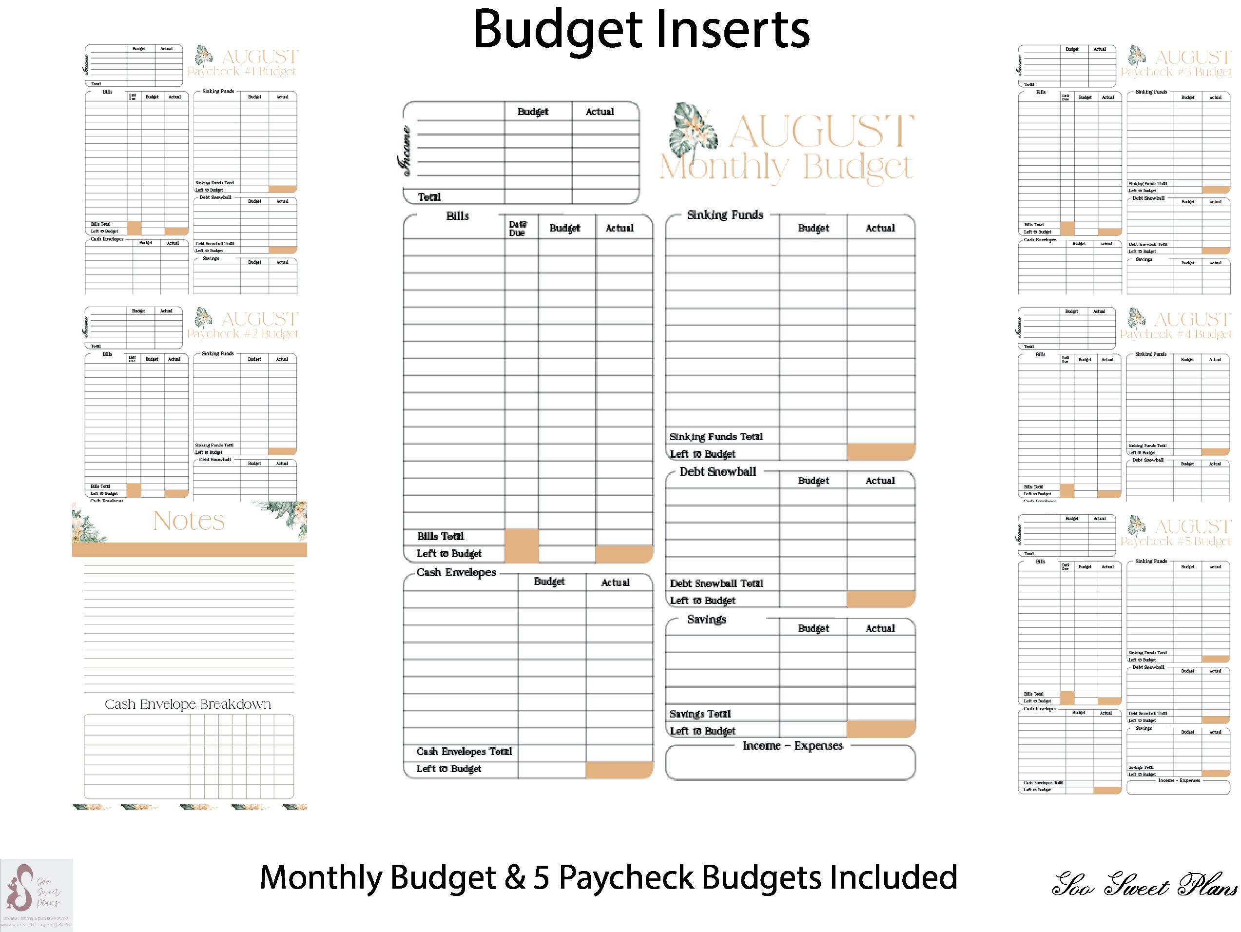 August Budget Bundle Printable Insert-sunday Start-tropical Flora-4 ...