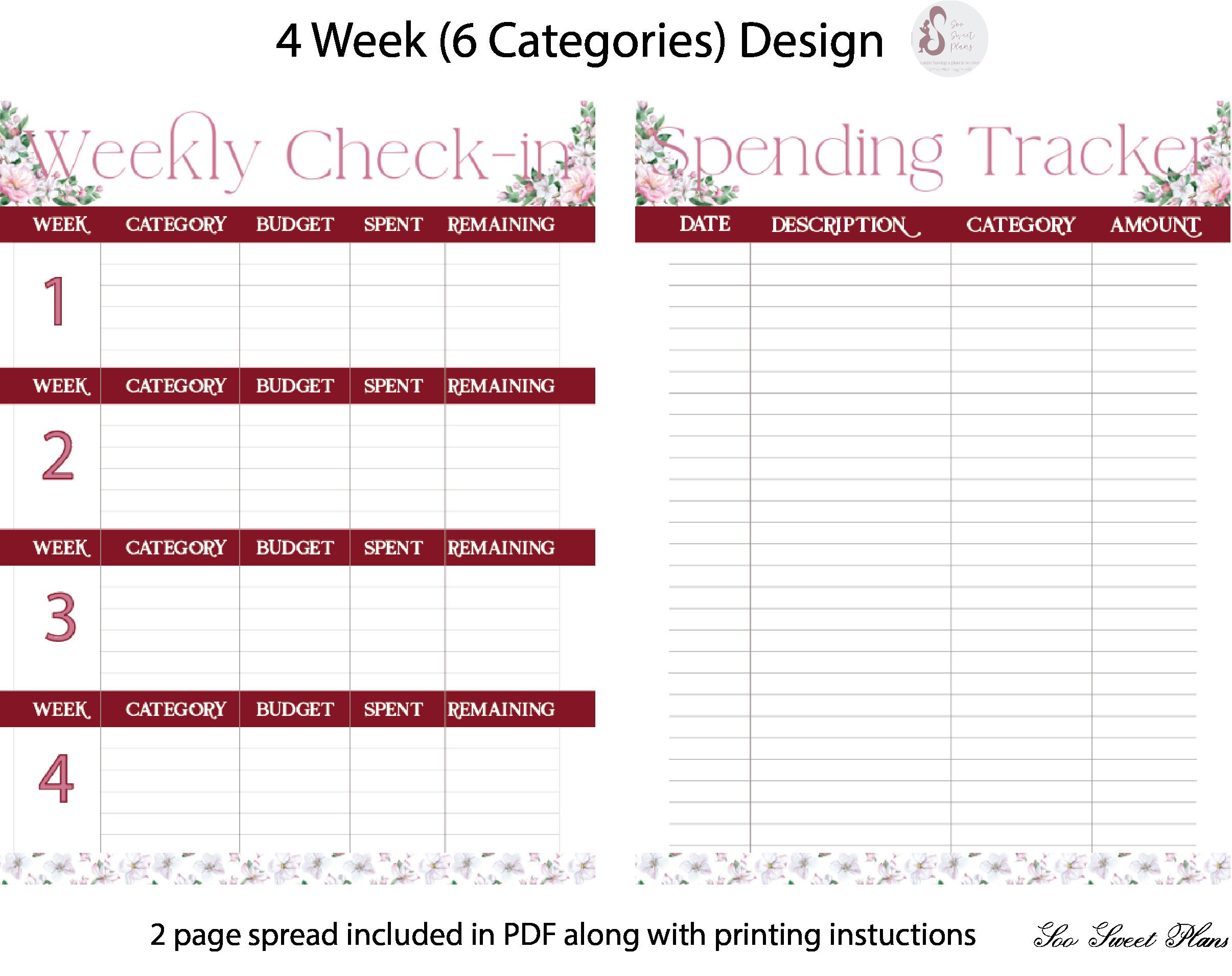 May Budget Bundle Printable Insert-sunday Start-apple Blossom-4 Weeks ...
