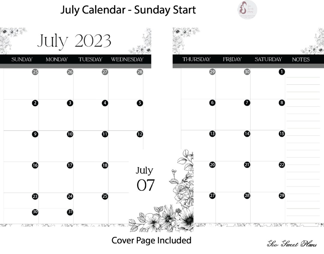 July Budget Bundle Printable Insert-sunday Start-black & White Floral-5 ...
