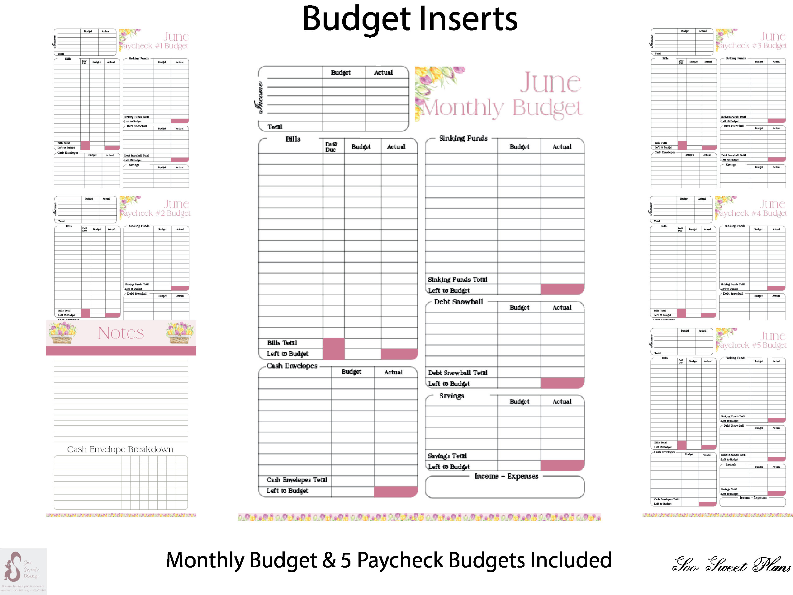 June Budget Bundle Printable Insert - Sunday Start - Tulips - 4 Weeks 6 ...