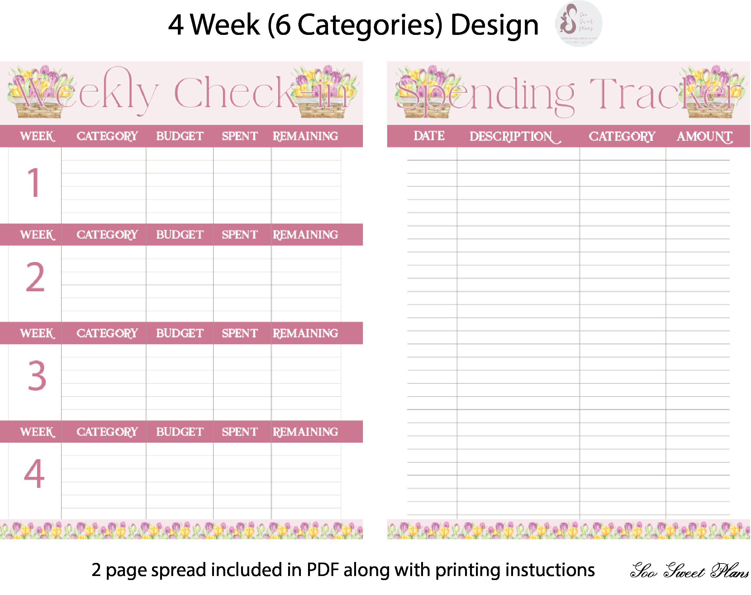 June Budget Bundle Printable Insert - Sunday Start - Tulips - 4 Weeks 6 ...