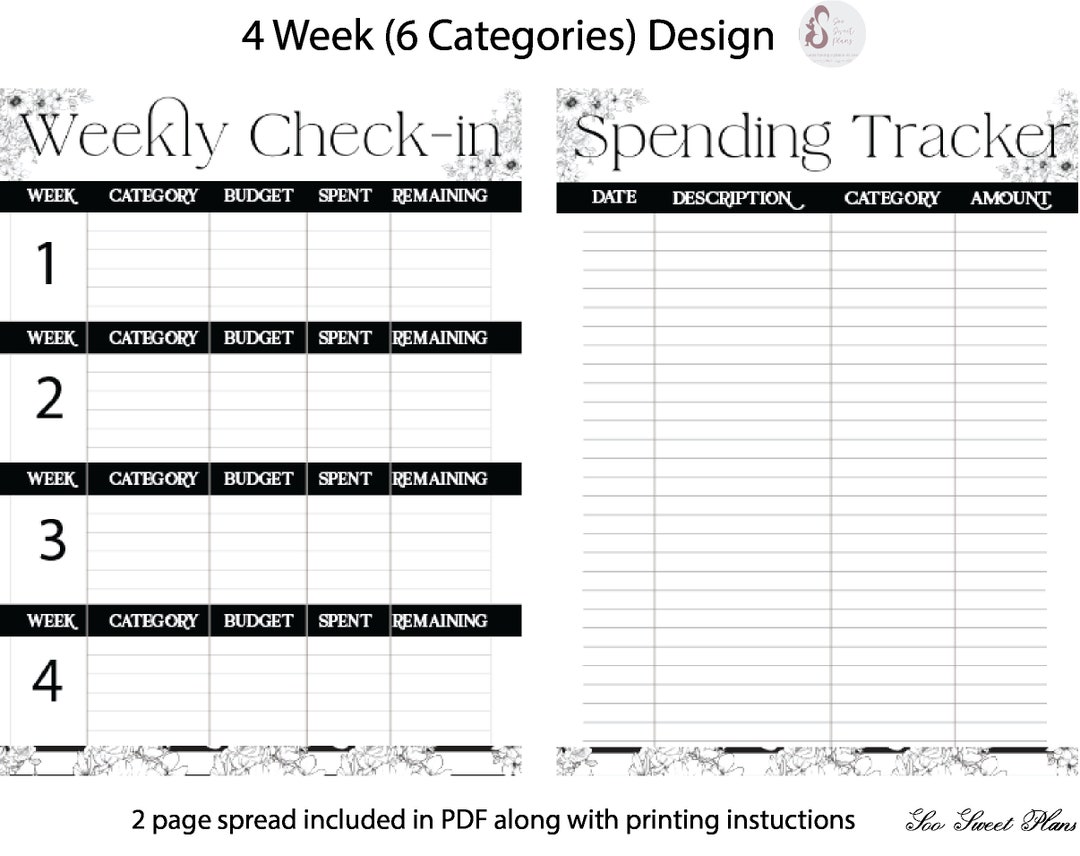 4 Week Weekly Check-in Black & White for Cash Envelopes (A5 Sized 5.8in ...