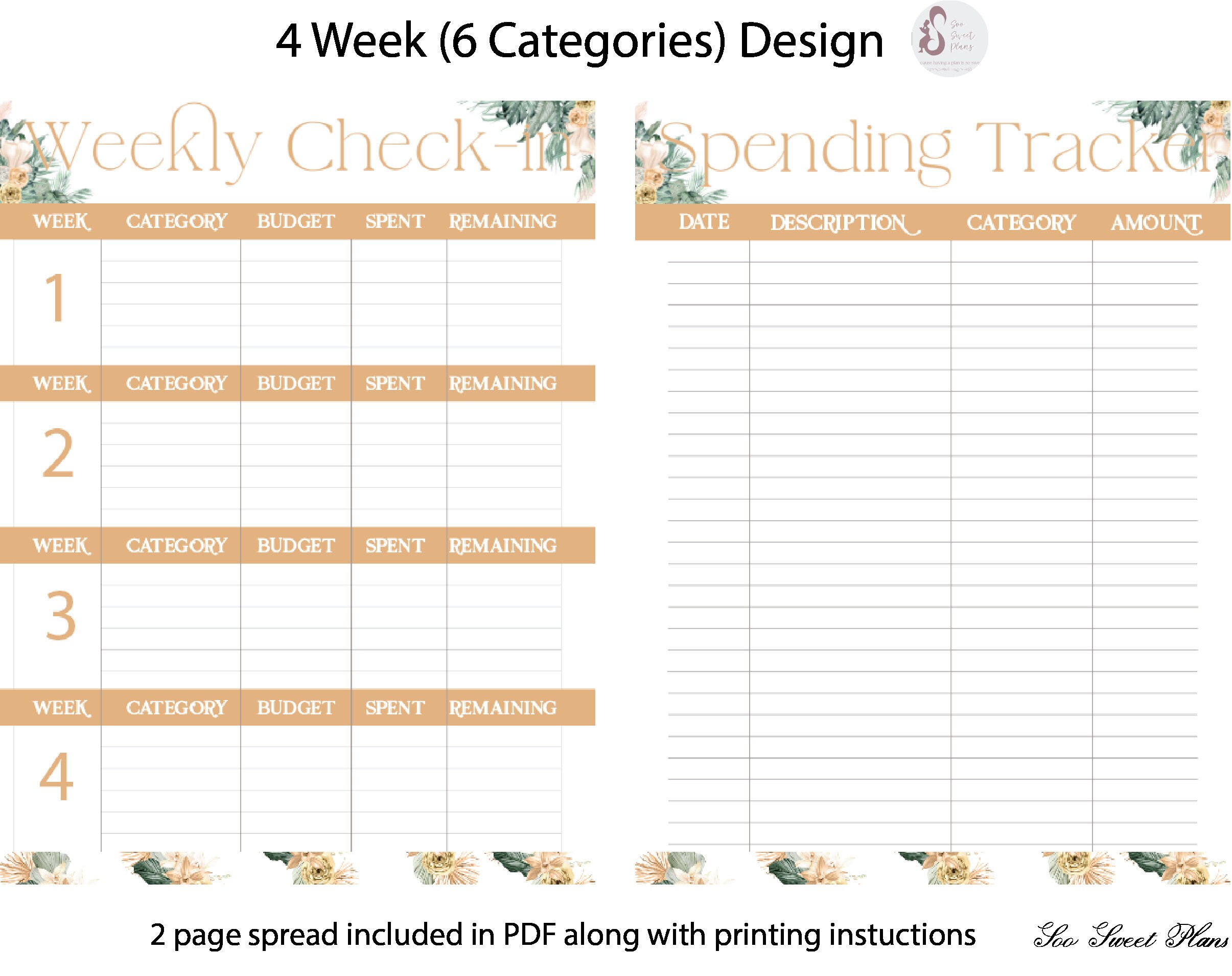 August Budget Bundle Printable Insert-sunday Start-tropical Flora-4 ...