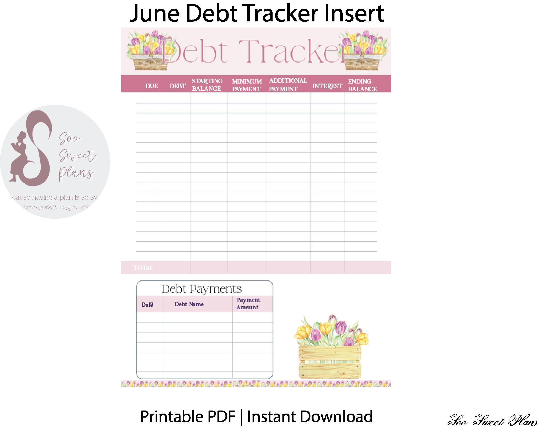 June Budget Bundle Printable Insert - Sunday Start - Tulips - 4 Weeks 6 ...
