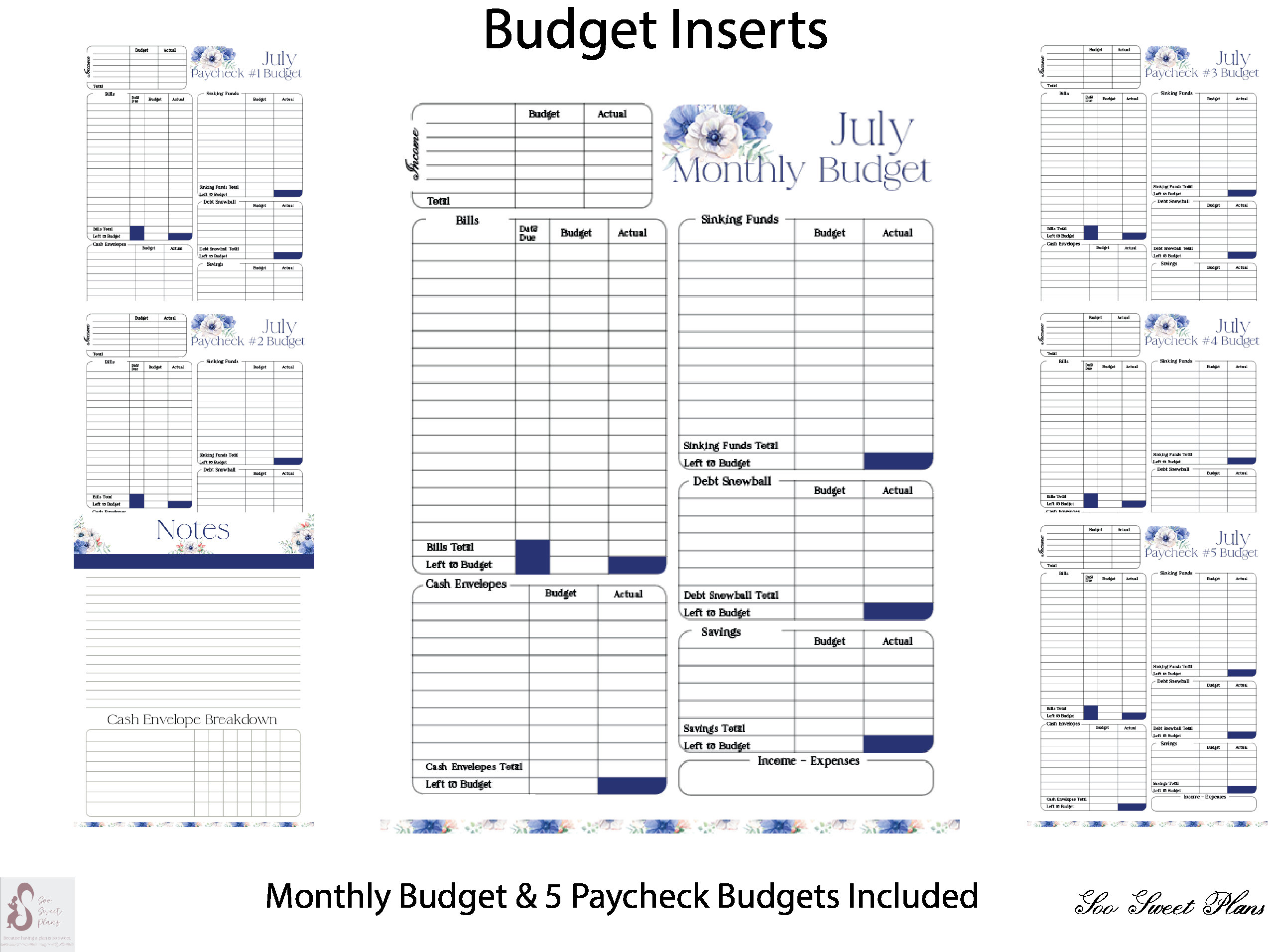 July Budget Bundle Printable Insert-sunday Start-blue Blooming-5 Weeks ...