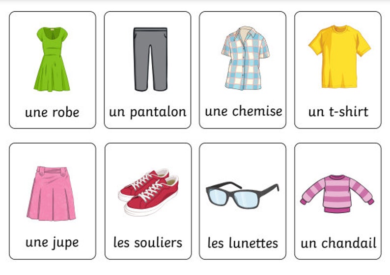 FRENCH CLOTHING PRINTABLE Flashcards, Basic French Vocabulary, France ...