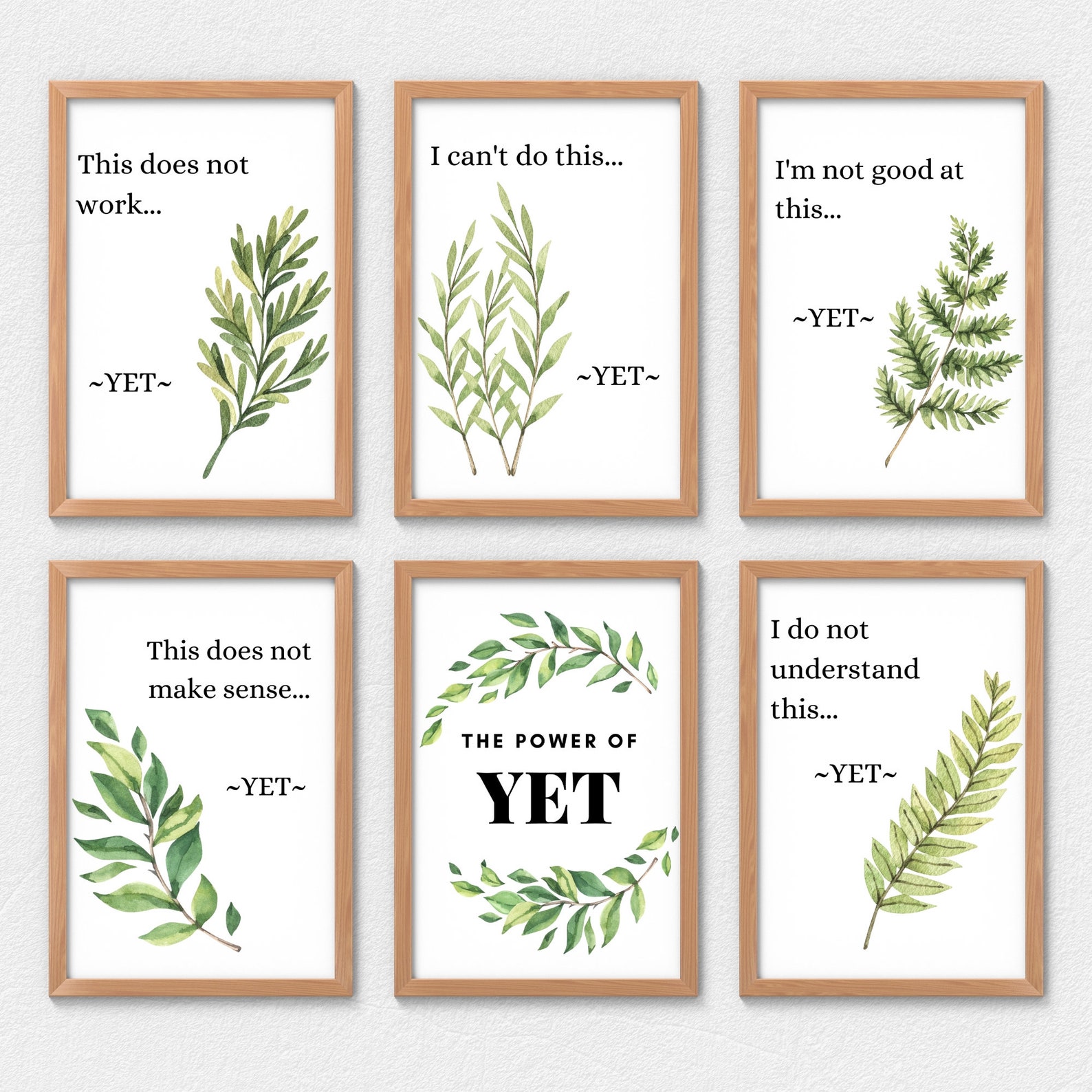 Growth Mindset POWER of YET Poster Set, Botanical Motivational Art ...
