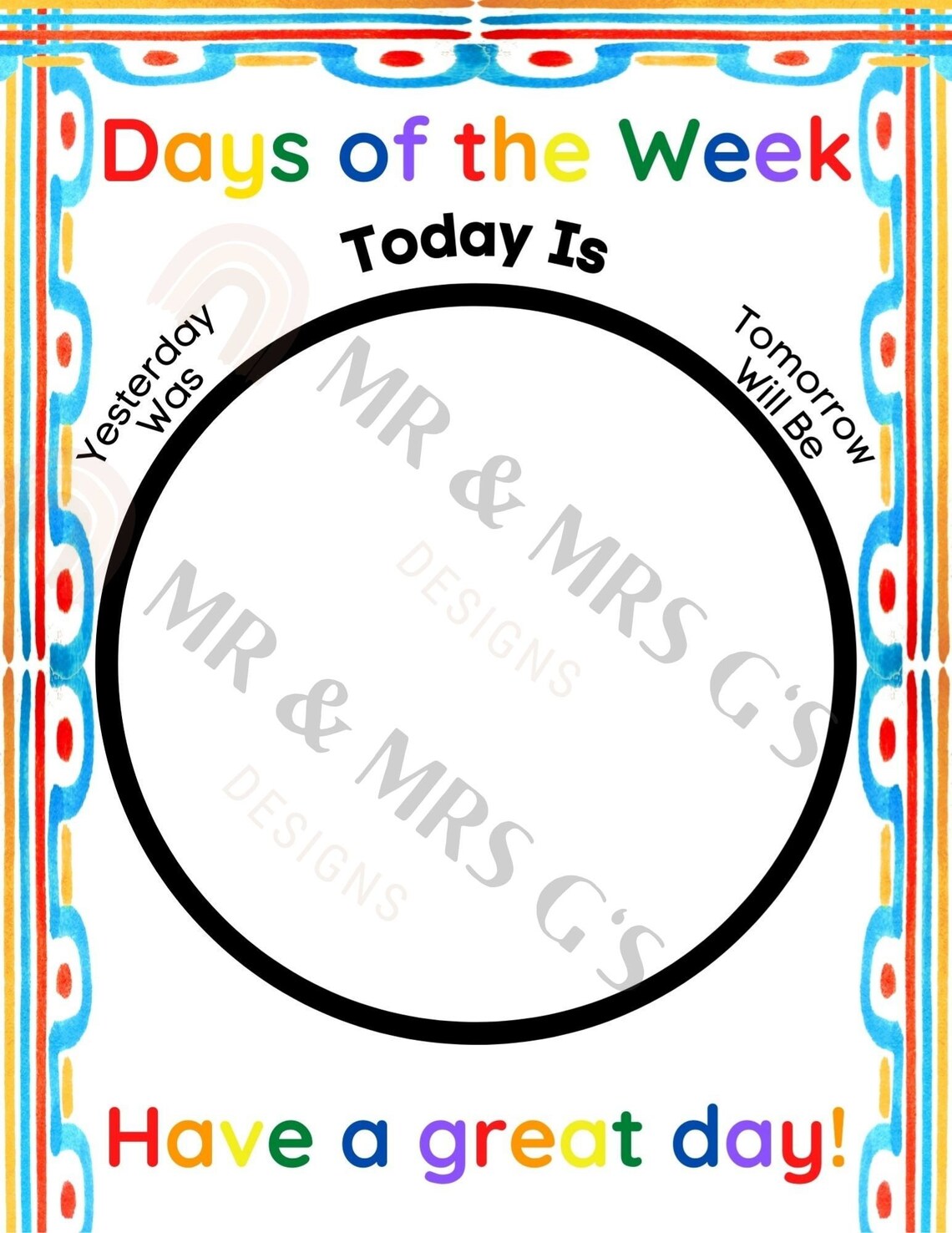 DAYS of the WEEK Printable Wheel Yesterday Today Tomorrow | Etsy