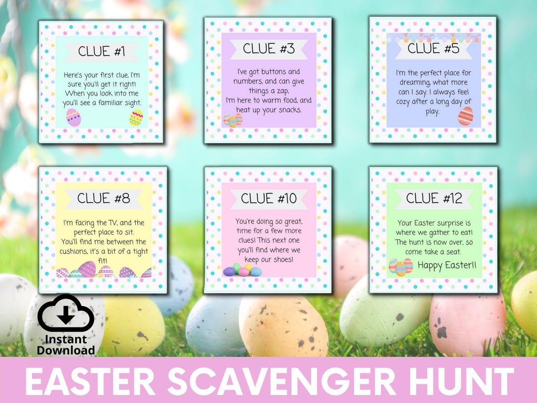 Easter Scavenger Hunt Printable, Indoor Scavenger Hunt Clues, Easter ...