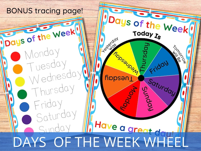 DAYS of the WEEK Printable Wheel Yesterday Today Tomorrow - Etsy