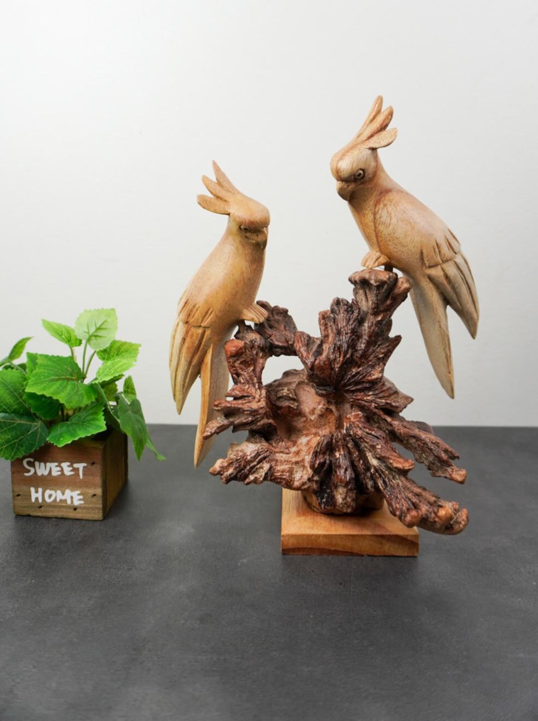 Hand-carved Wooden Cockatoo Sculpture on Natural Driftwood Base ...
