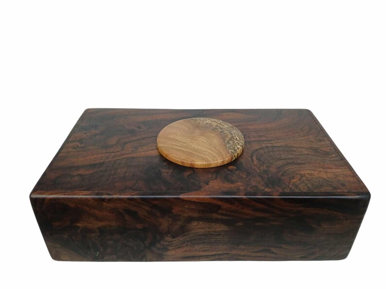 Bu. Black Walnut Burl Shoe Box Urn With Blued Oak Lid.....century URNS ...