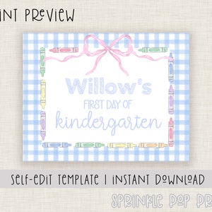 001 Blue Gingham First Day of School Sign Watercolor First Day of ...