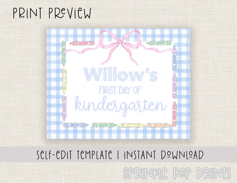 001 Blue Gingham First Day of School Sign Watercolor First Day of ...