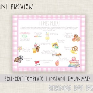Pink Gingham Get to Know the Teacher Questionnaire | Printable ...