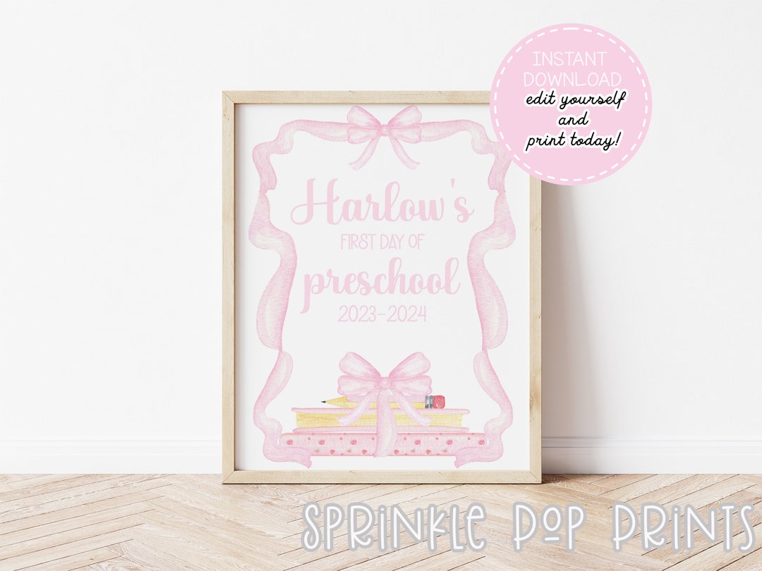 015 | Pink Bow Frame First Day of School Sign | Watercolor First Day of ...