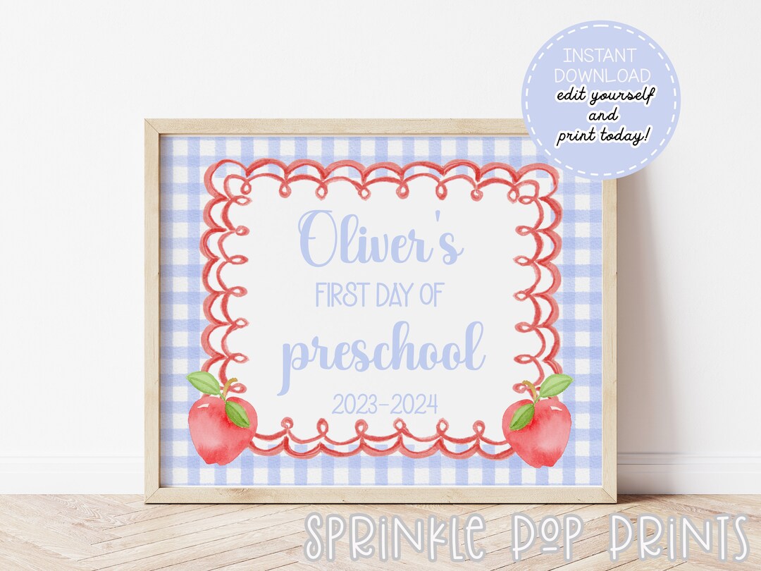 012 Blue Gingham First Day of School Sign Watercolor First Day of ...
