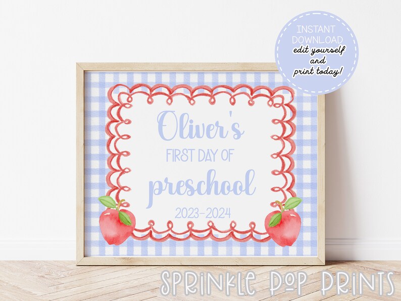 012 Blue Gingham First Day of School Sign Watercolor First Day of ...