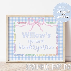 001 Blue Gingham First Day of School Sign Watercolor First Day of ...