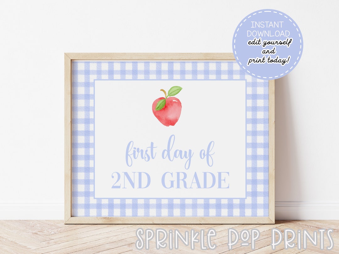Blue Gingham First Day of School Sign Watercolor First Day of School ...