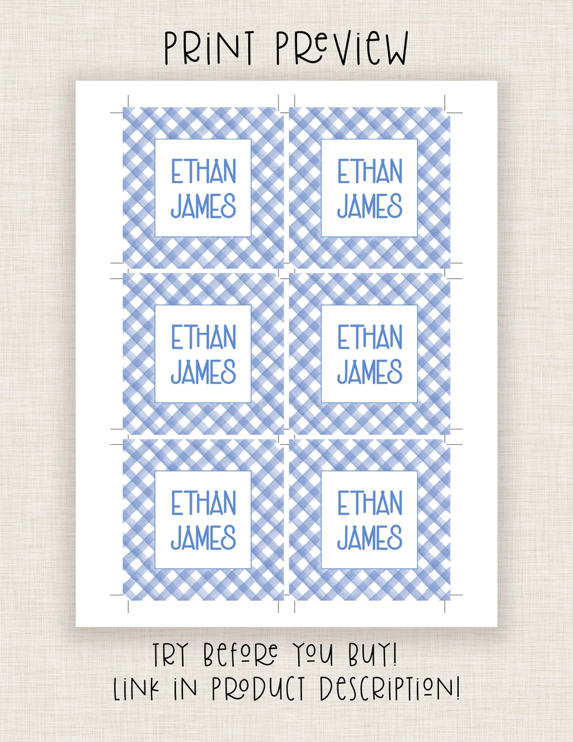 Blue Watercolor Gingham | Printable Enclosure Card | Gift Tag | Custom ...