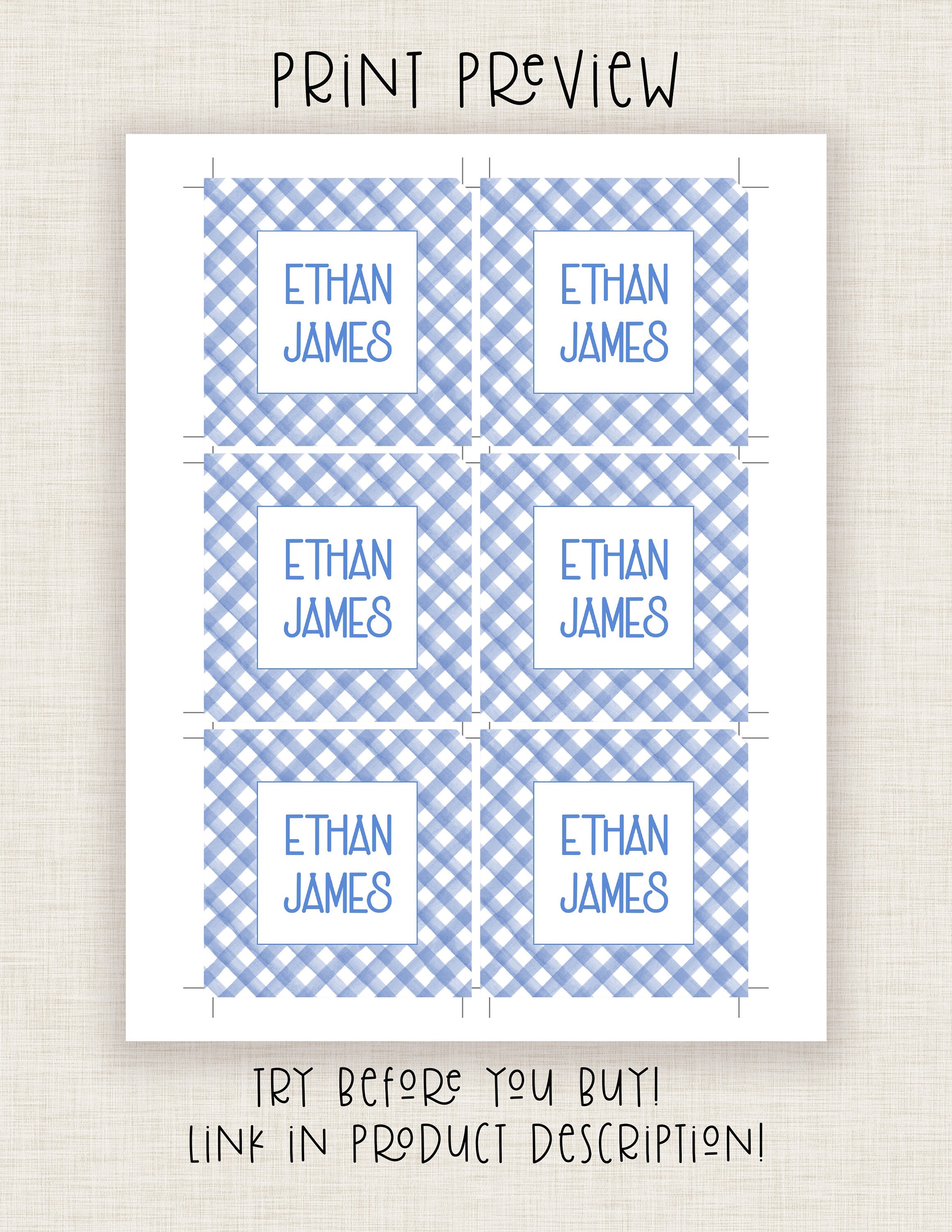 Blue Watercolor Gingham | Printable Enclosure Card | Gift Tag | Custom ...