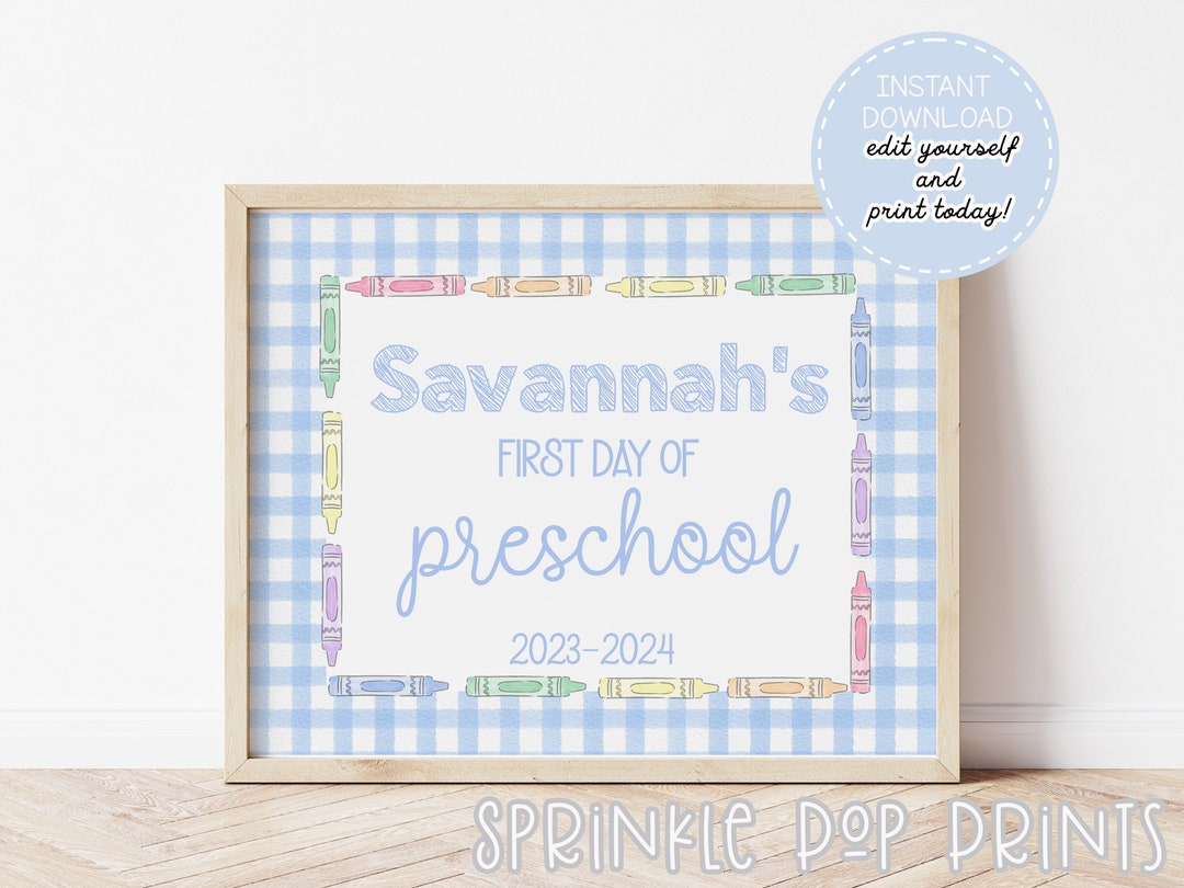 002 | Blue Gingham First Day of School Sign | Watercolor First Day of ...