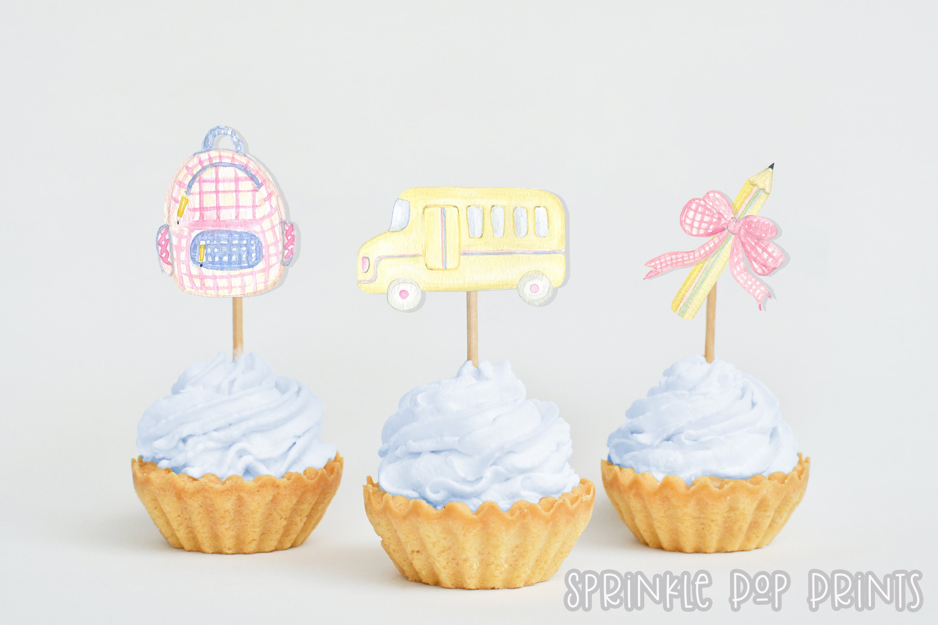 008 | Back to School Cupcake Toppers | Watercolor Cupcake Toppers ...