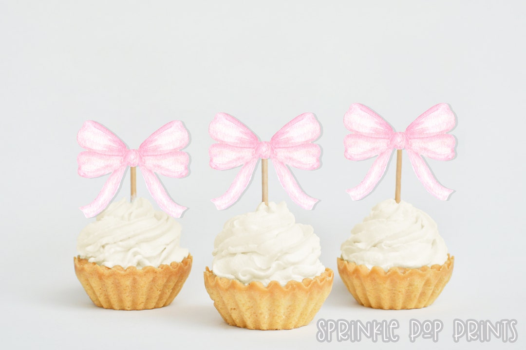 Pink Bow Cupcake Toppers | Watercolor Cupcake Toppers | Pink Bows ...