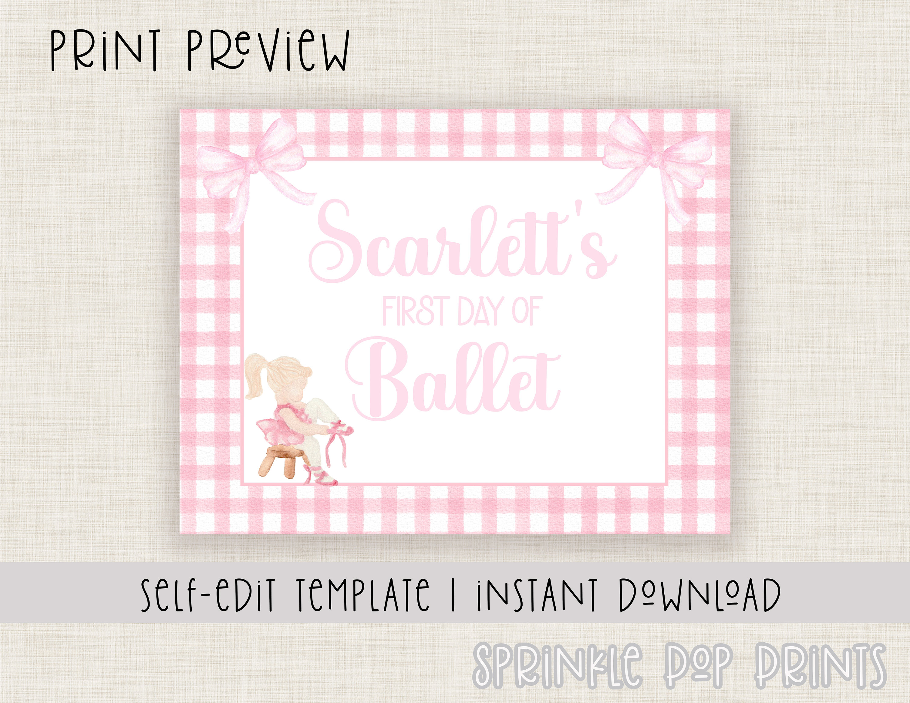 First Day of Ballet Sign | Pink Gingham First Day of Dance | Watercolor ...