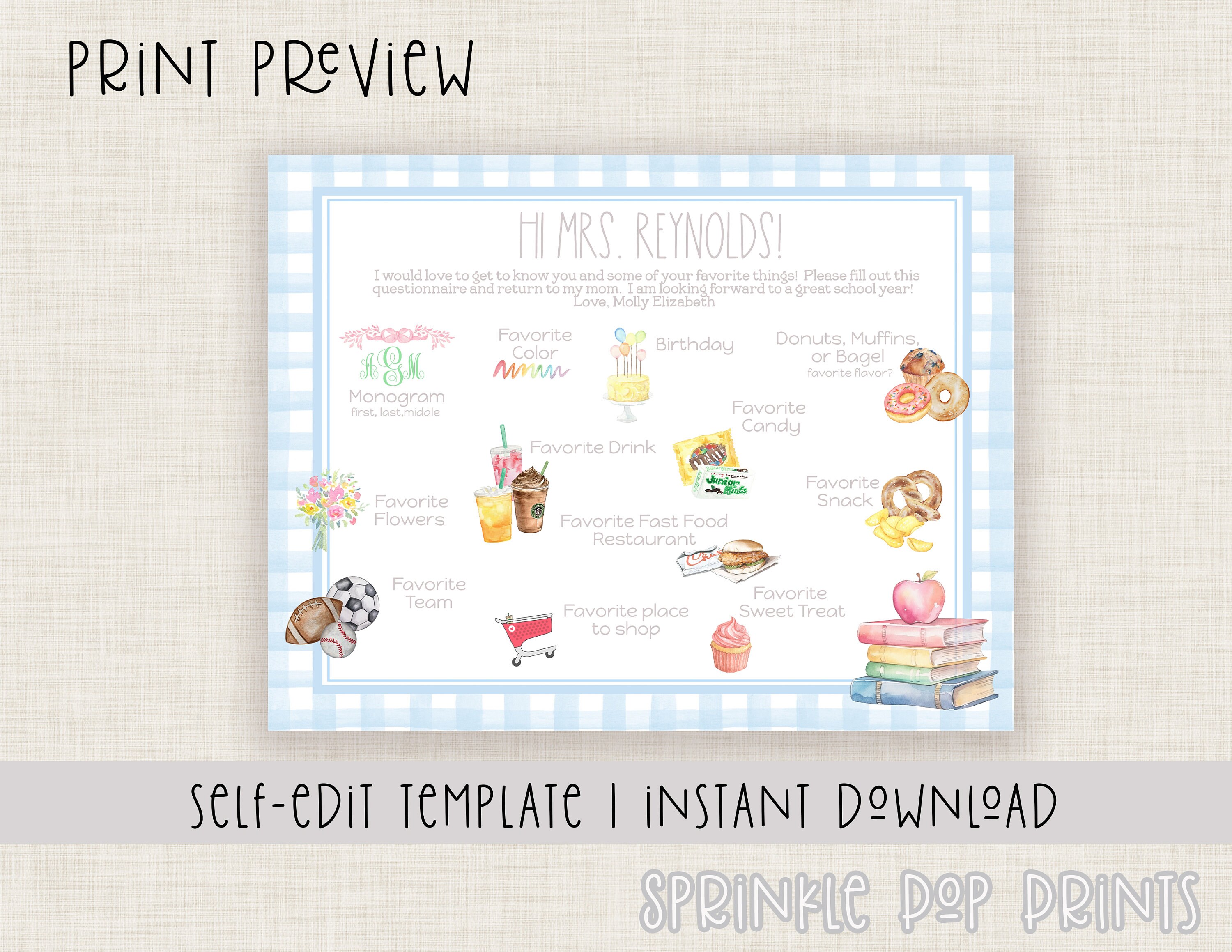 Blue Gingham Get to Know the Teacher Questionnaire Printable & Editable ...