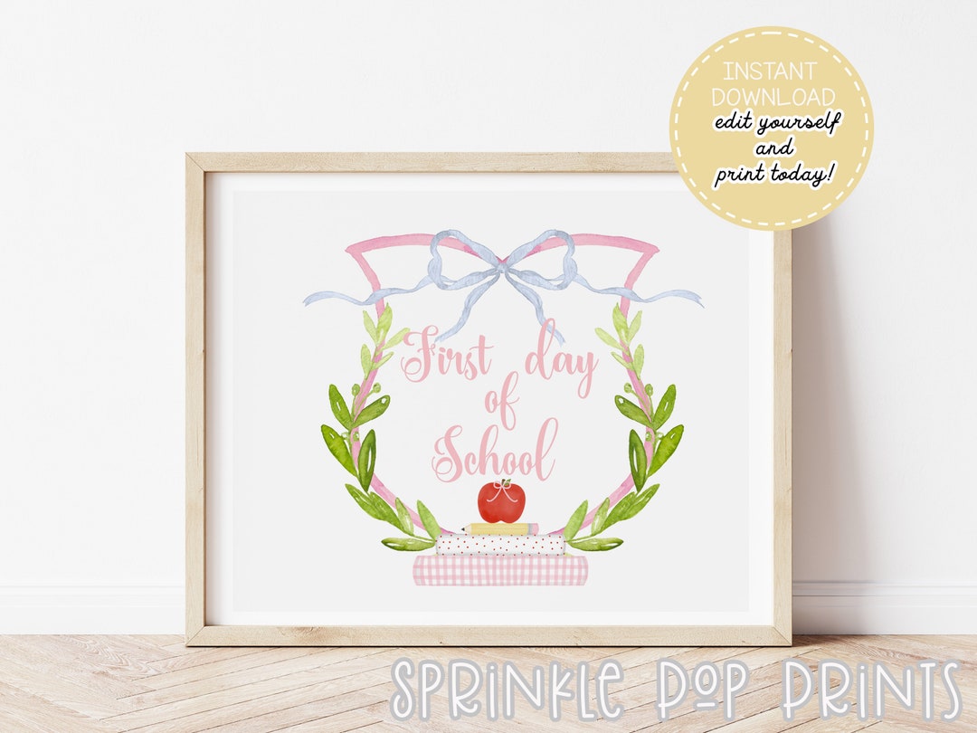 Pink Crest First Day of School Sign Watercolor First Day of School Sign ...