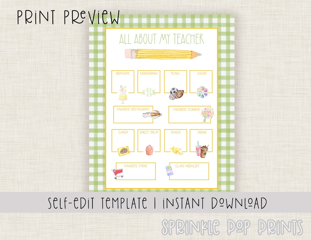 010 | All About the Teacher Questionnaire | Printable | Watercolor ...