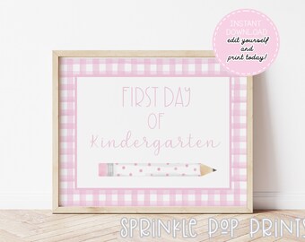 Pink Gingham First Day of School Sign Watercolor First Day of School ...