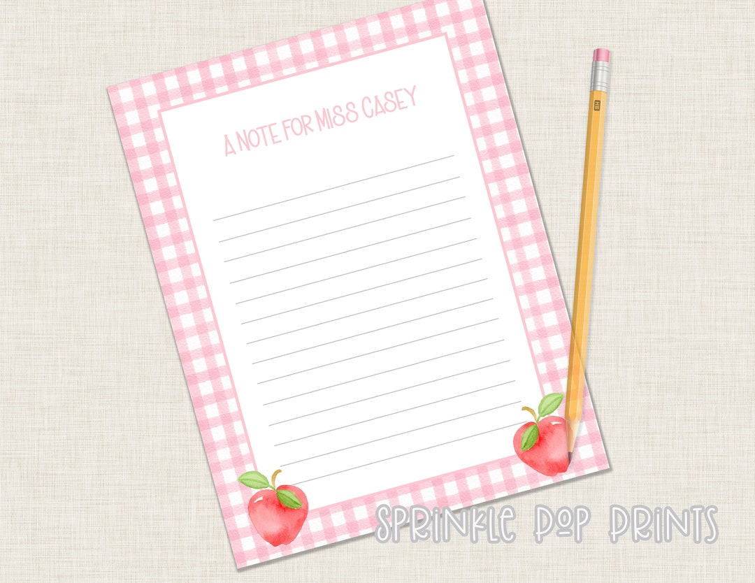 006 Note to Teacher Printable Pink Gingham Red Apples Watercolor ...