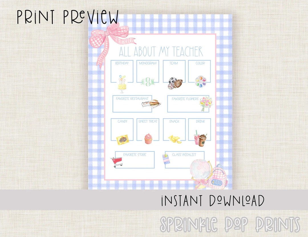 008 | All About the Teacher Questionnaire | Printable | Watercolor ...