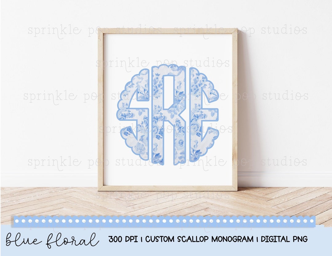 Watercolor Blue Floral Scalloped Monogram | Custom Monogram | Digital ...