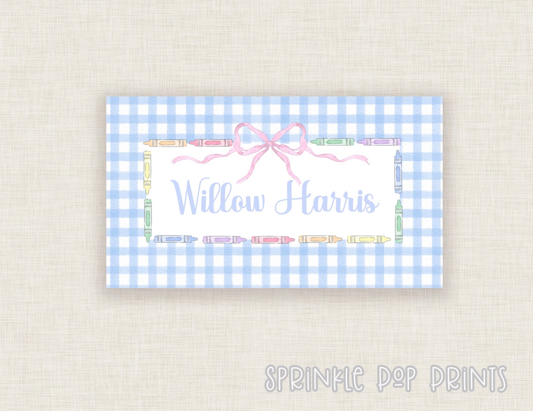 001 | Back to School Name Labels | Blue Gingham | Crayon Border | Bow ...