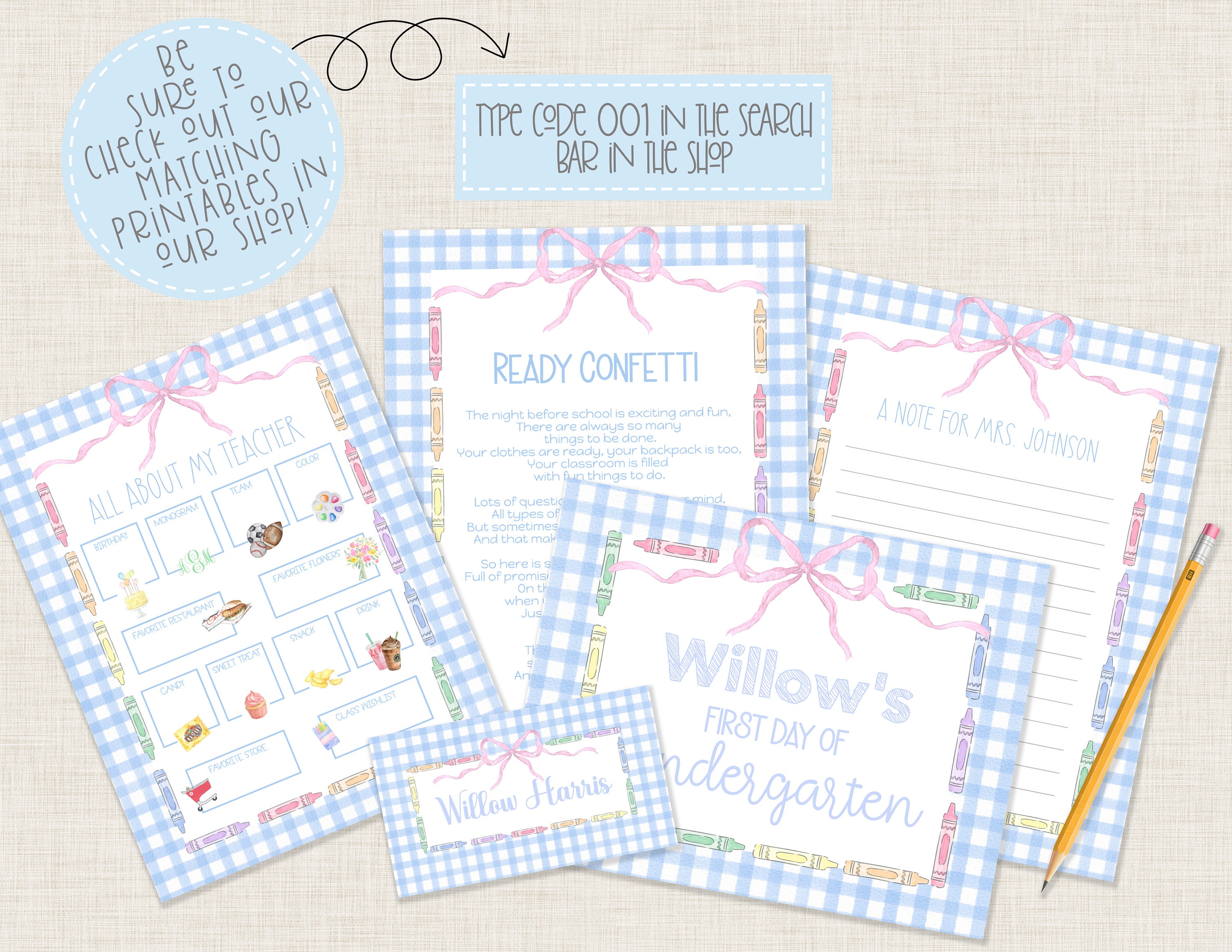 001 | Note to Teacher | Printable | Blue Gingham | Crayon Border | Bow ...
