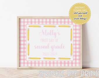 Pink Gingham First Day of School Sign Watercolor First Day of School ...
