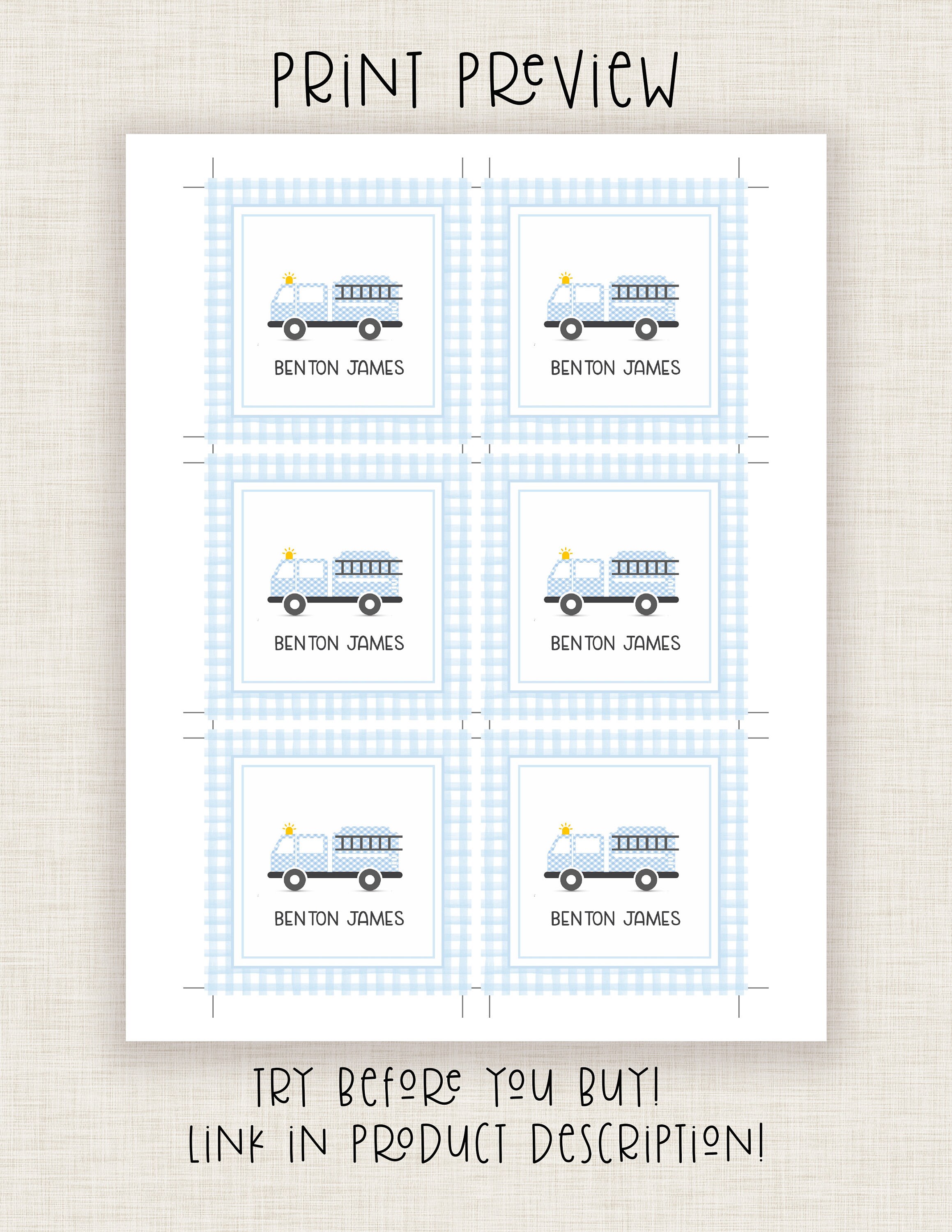 Blue Fire Engine Firetruck Printable Enclosure Card Gift Tag Custom ...