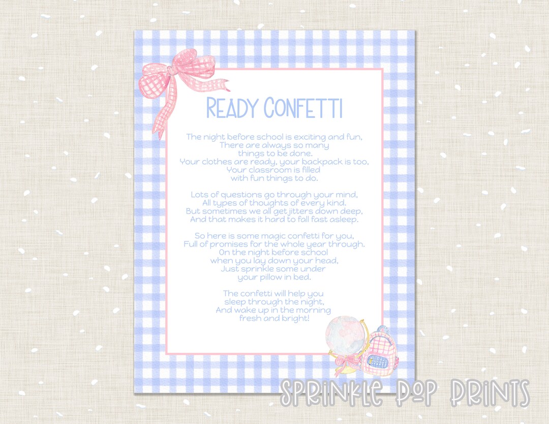 008 Ready Confetti First Day of School Sign Blue Gingham Bookbag Globe ...