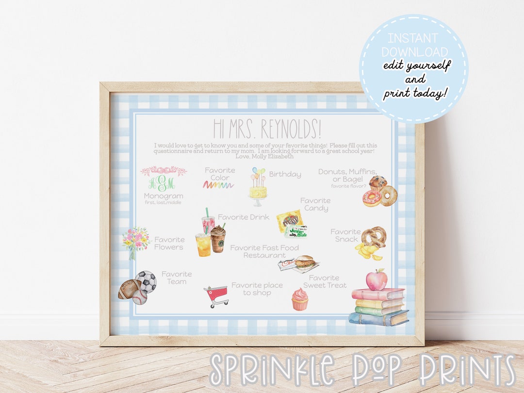 Blue Gingham Get to Know the Teacher Questionnaire Printable & Editable ...